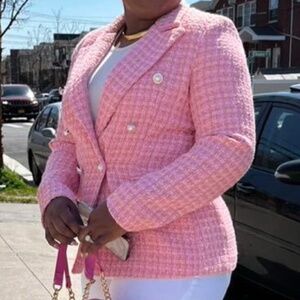 Jackets & Coats | Classic Pink Plaid Tweed Button Blazer | Poshmark